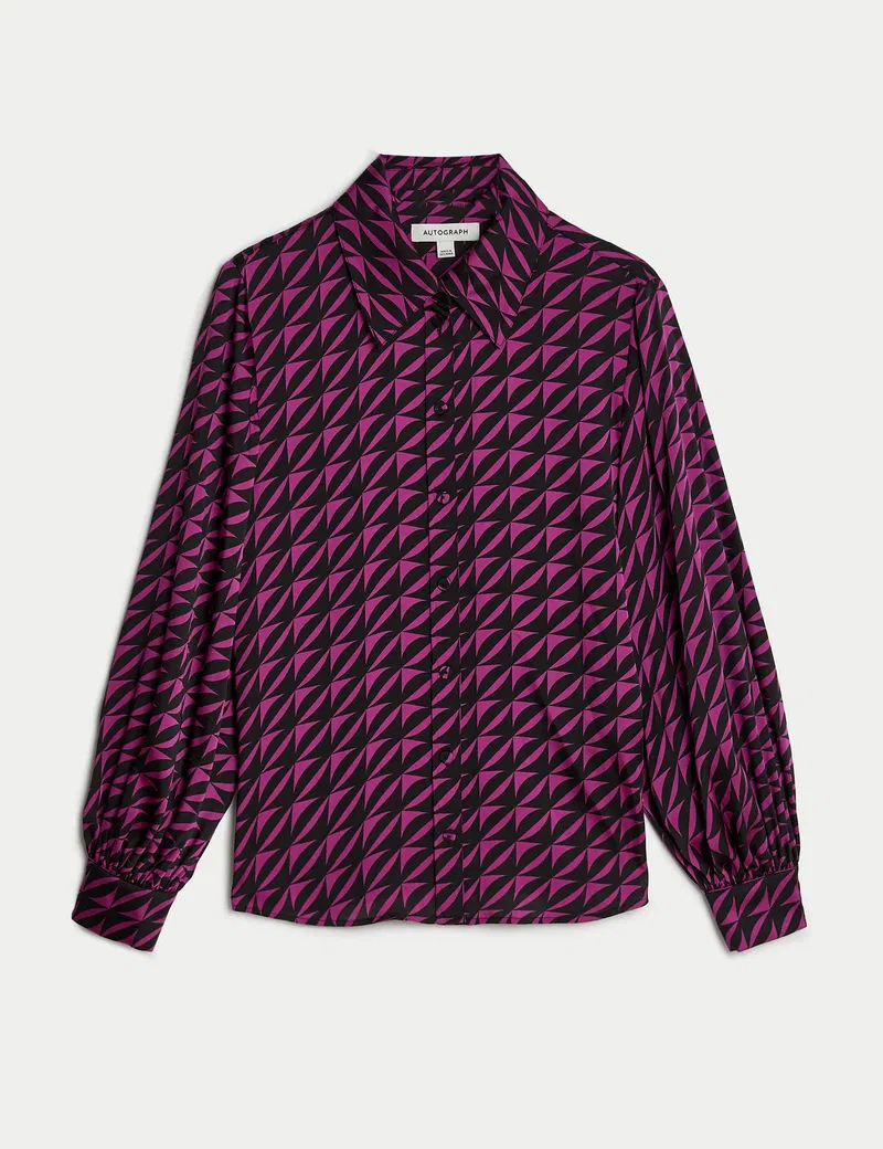 AUTOGRAPH Satin Printed Blouson Sleeve Shirt in Magenta Mix | endource