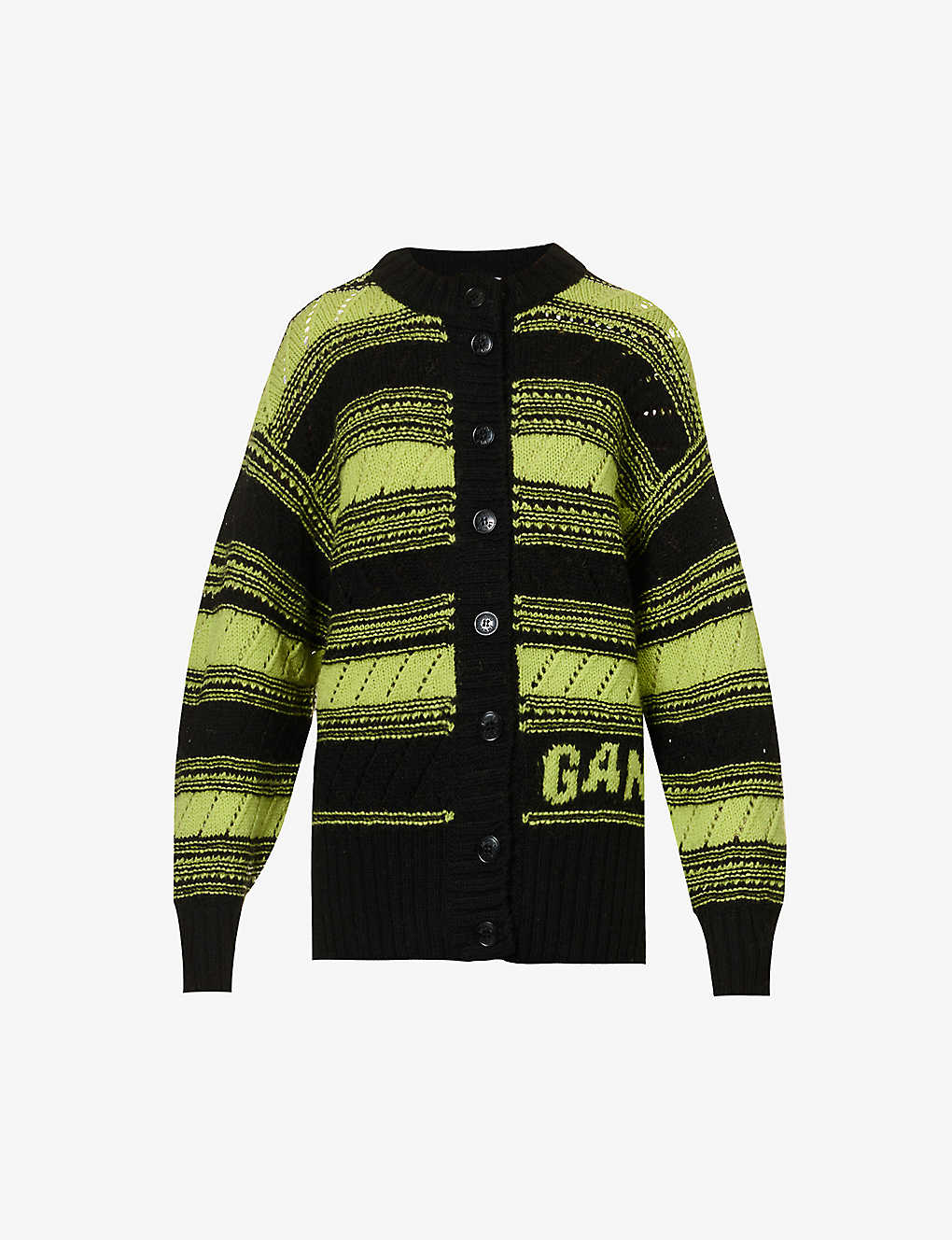 GANNI Logo-Knit Striped Cardigan in BLACK | endource
