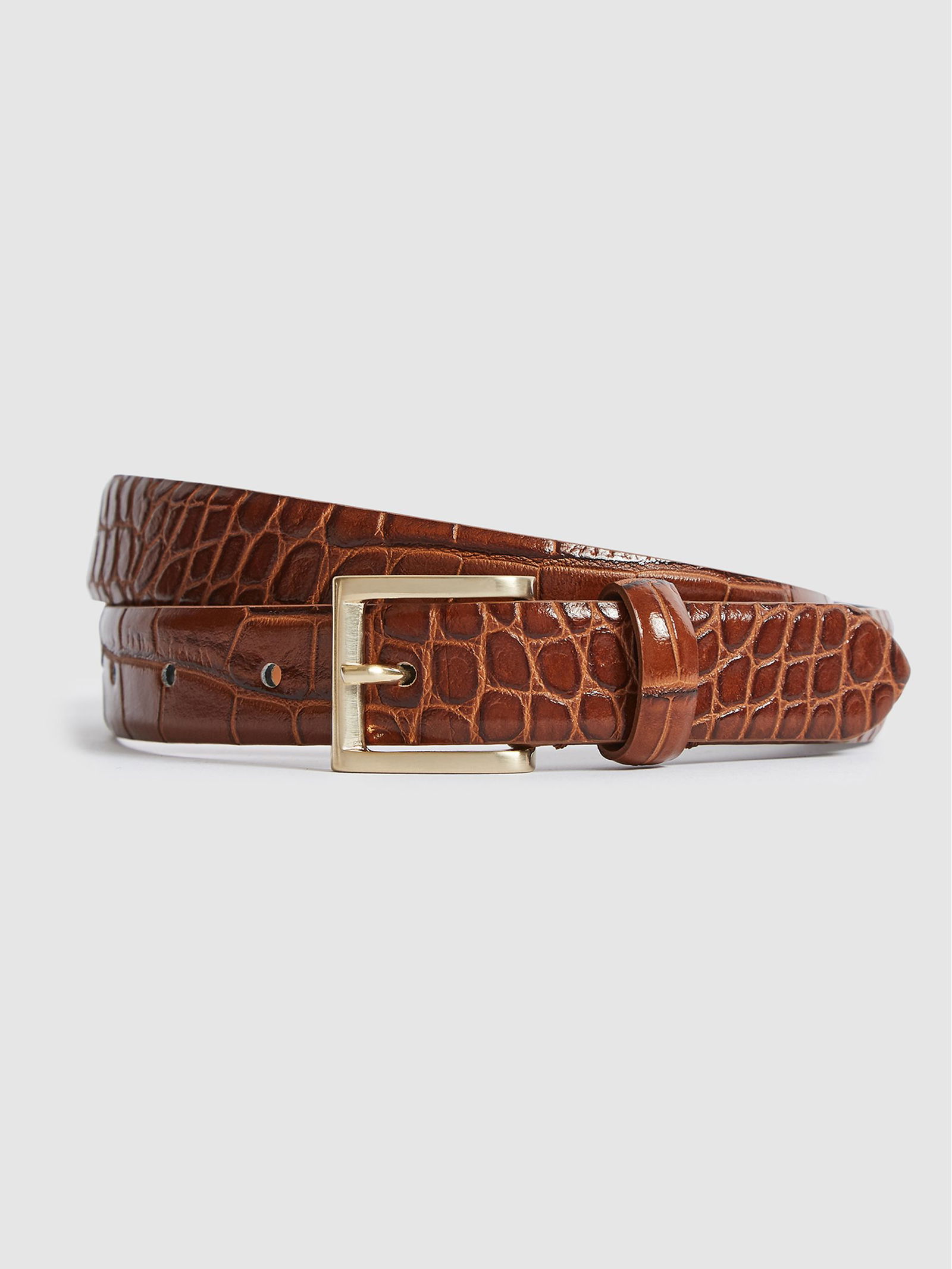 REISS Molly Leather Croc Embossed Belt in Caramel | endource