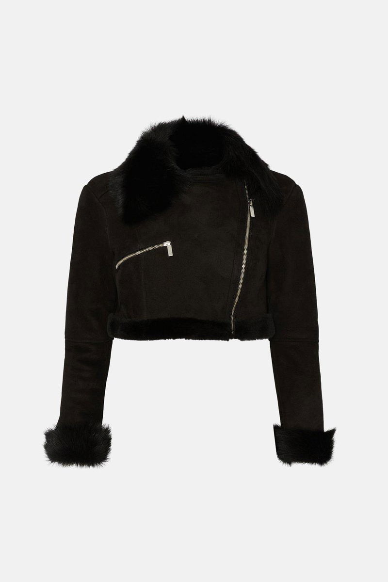 KAREN MILLEN Shearling & Leather Cropped Biker Jacket in Black | endource