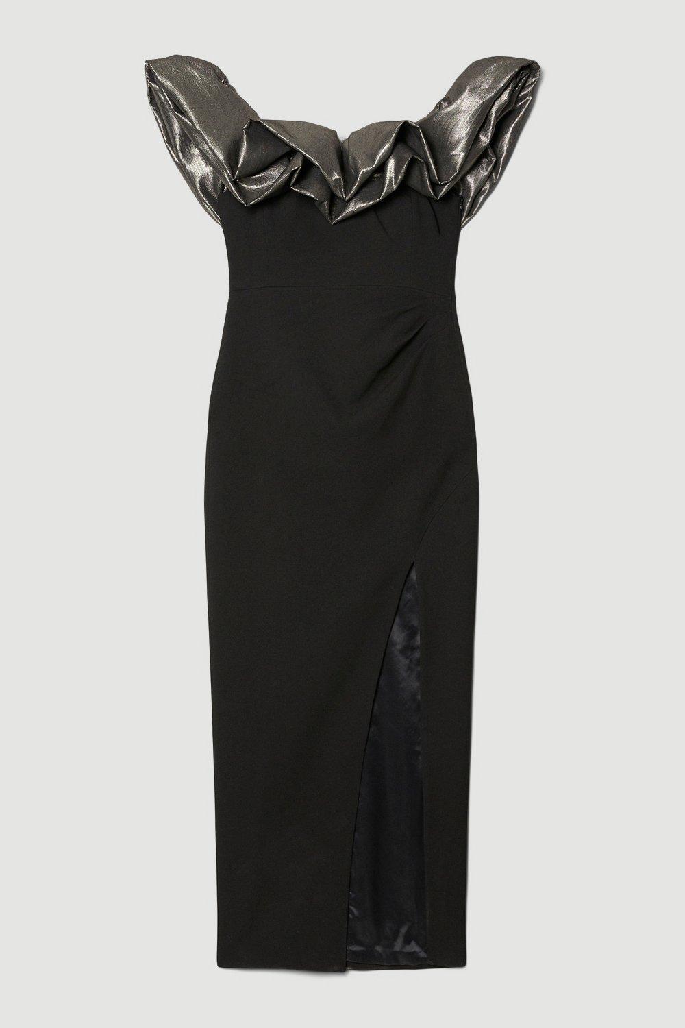 KAREN MILLEN Structured Crepe Jacquard Ruffle Bardot Maxi Dress in ...