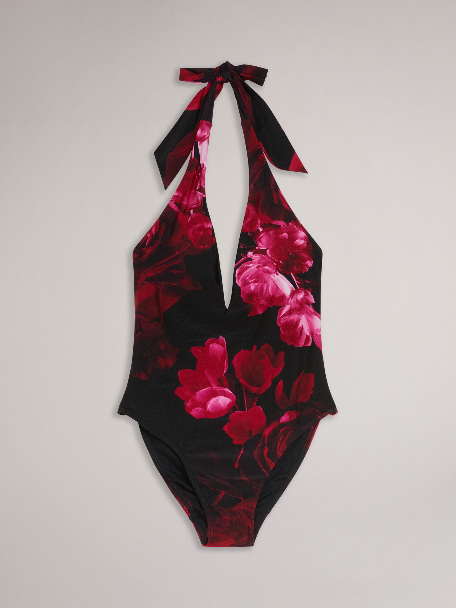 TED BAKER Wilada Floral Plunge Halterneck Swimsuit in Black/Pink | endource