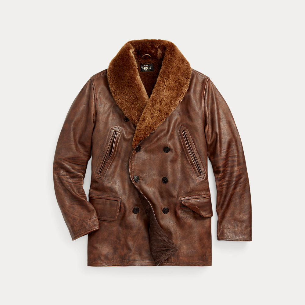 RALPH LAUREN RRL Shearling-Collar Leather Ranch Coat in Brown | Endource