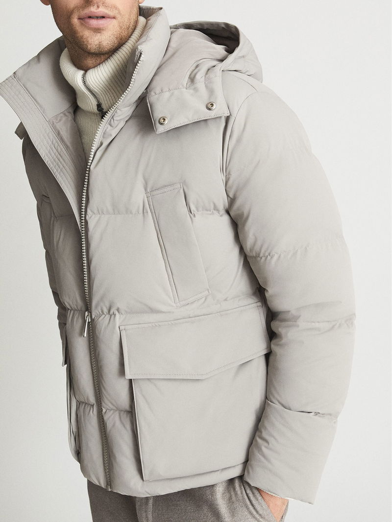 REISS Ryder Hooded Puffer Jacket in Stone | Endource