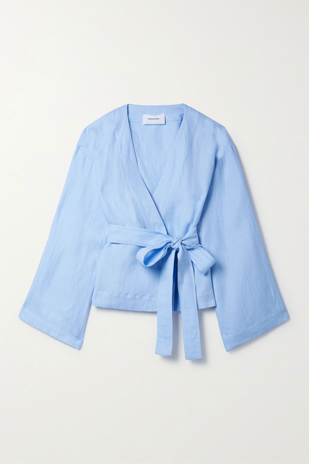BONDI BORN Paros Belted Linen-Voile Wrap Top in Blue | Endource