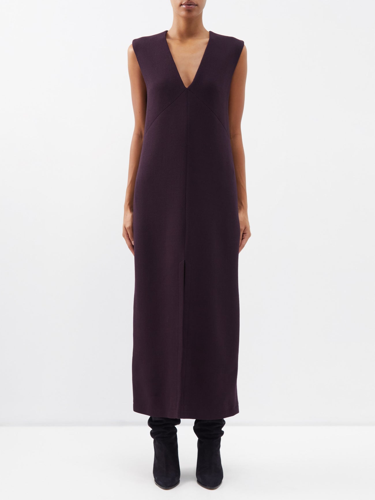 RAEY Deep V Boxy Organic Wool Crepe Shift Dress in Burgundy | endource