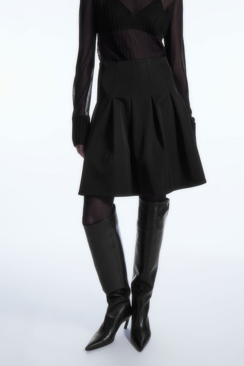 COS Voluminous Pleated Satin Mini Skirt in BLACK | Endource
