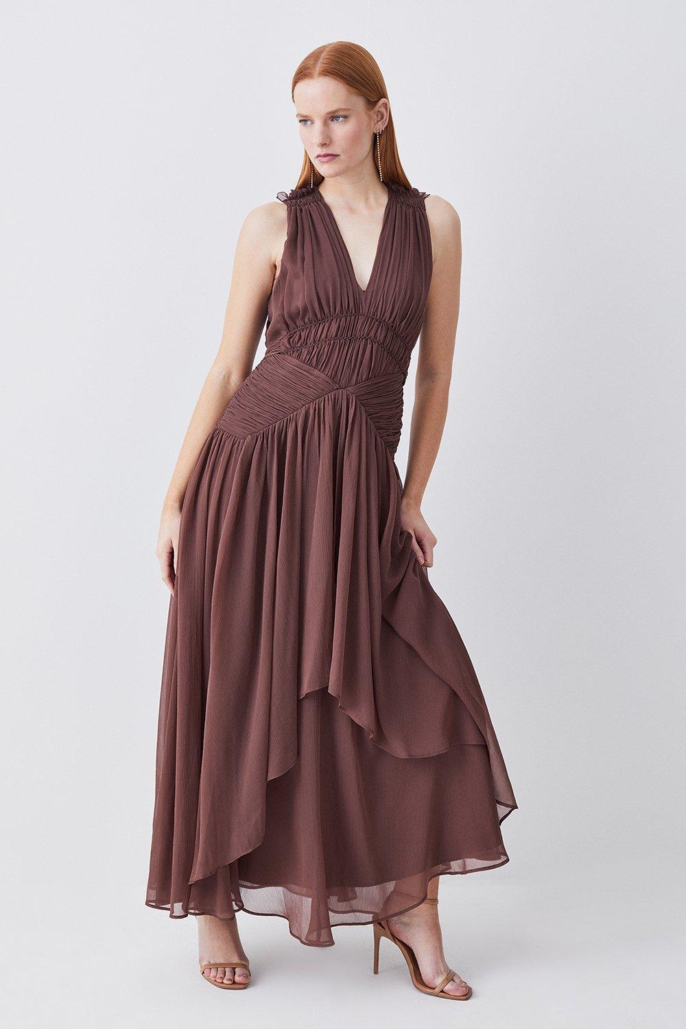 KAREN MILLEN Karen Millen x Lydia Millen - Crinkle Satin Chiffon Dress in Chocolate | Endource