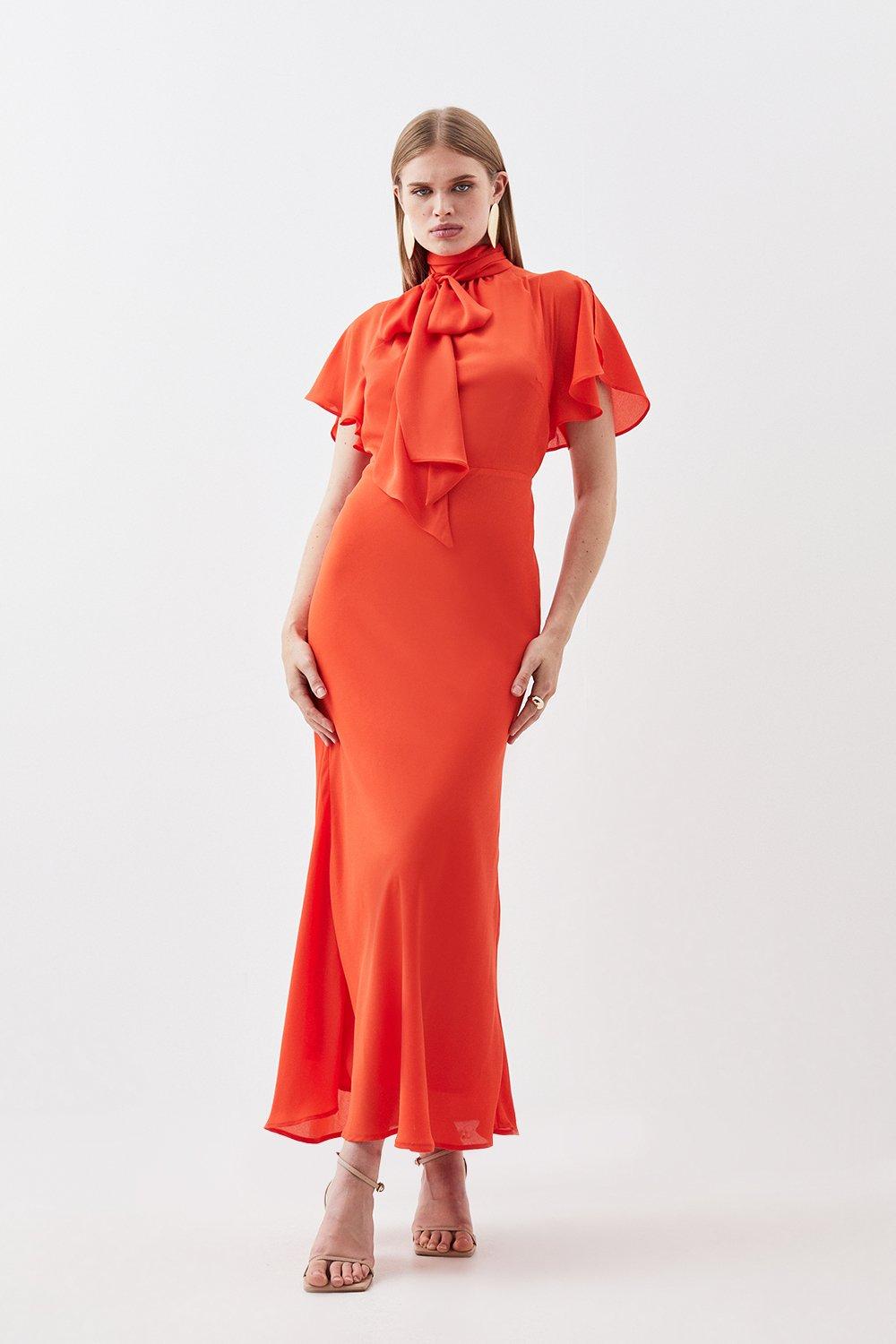 KAREN MILLEN Georgette Angel Sleeve Midi Dress in Red | endource