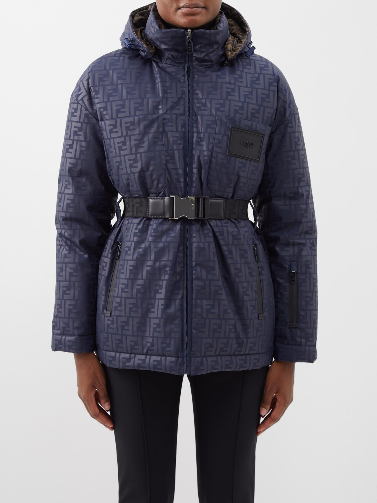 FENDI FF-Logo Reversible Hooded Ski Jacket in Navy | Endource