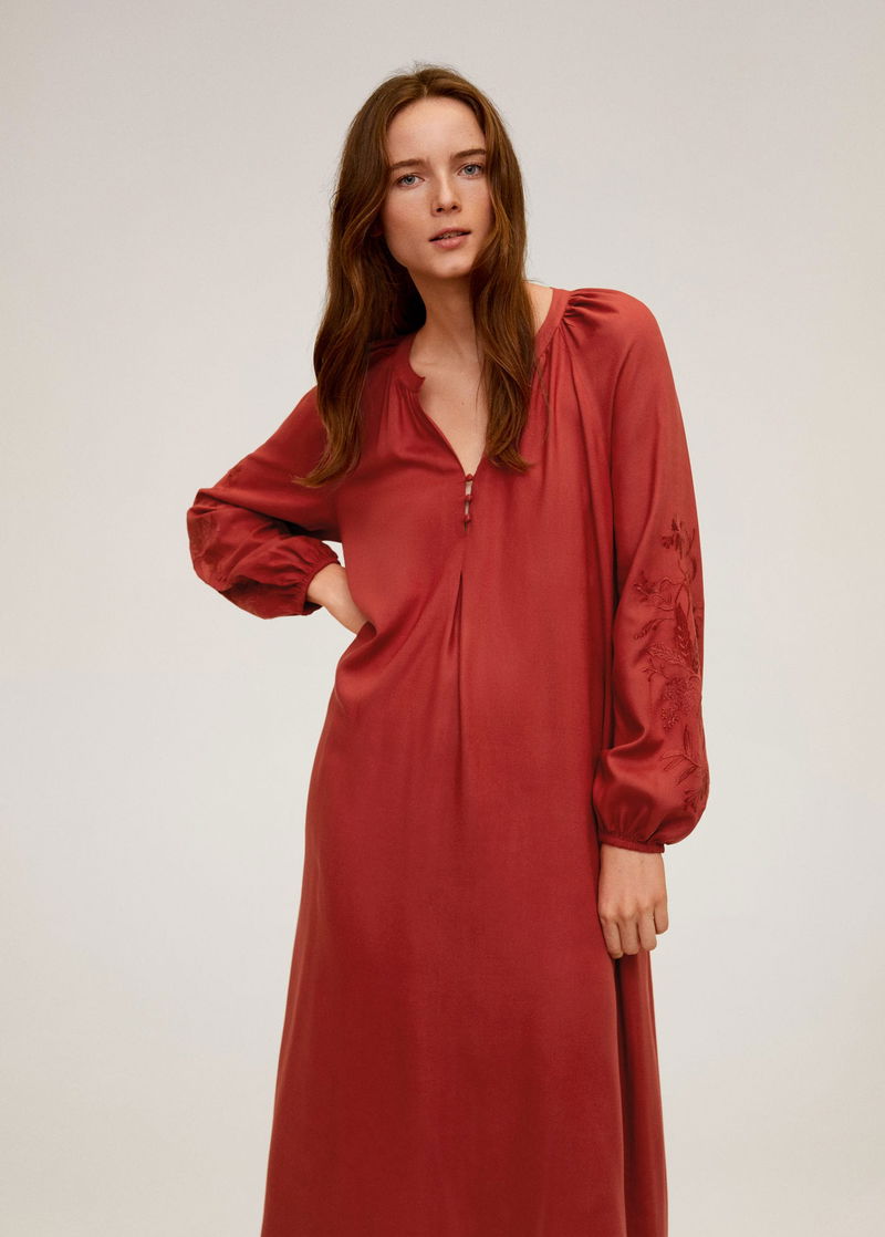 MANGO Embroidered Sleeves Dress in Russet | endource