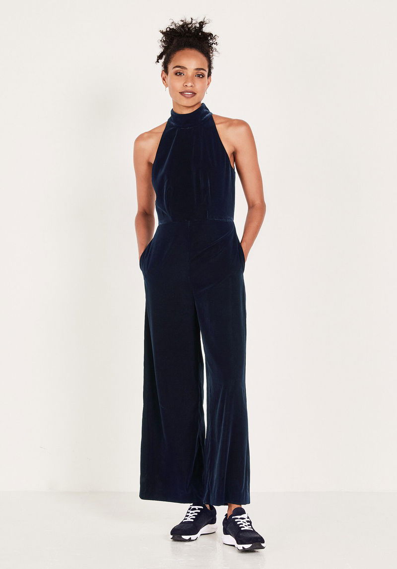 HUSH Velvet Halter Neck Jumpsuit in Midnight | endource