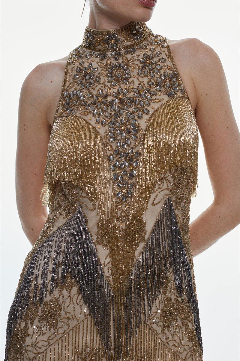 Karen Millen Embellished Fringed Halter Dress In Gold Endource