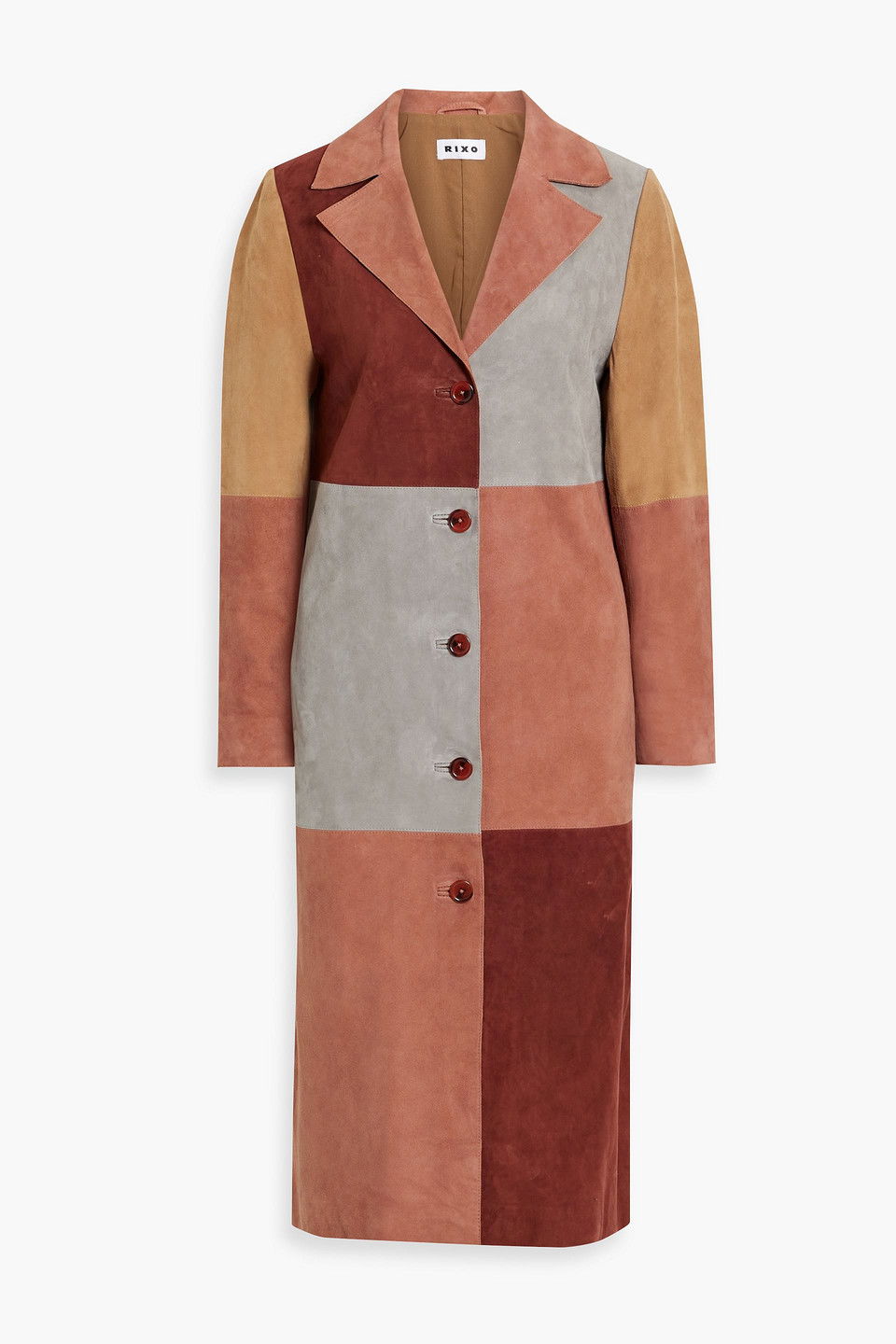 RIXO Patchwork Suede Coat in Brown | Endource