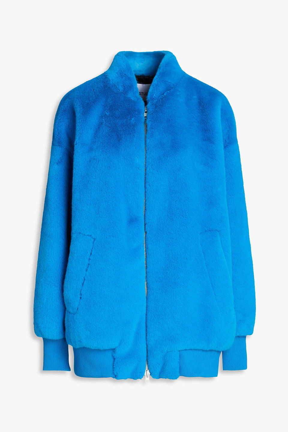 STAND STUDIO Iman Faux Fur Bomber Jacket in Blue | endource
