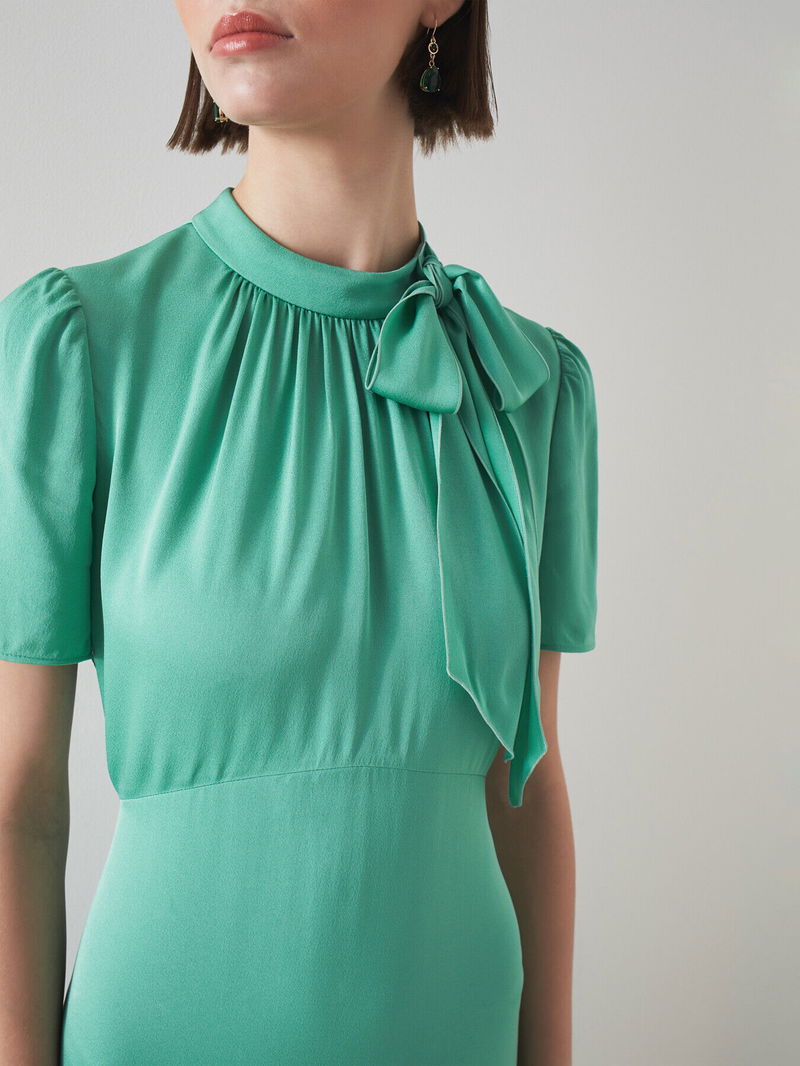 L.K. BENNETT Kline Jade Crepe Tie-Neck Midi Dress in Green | Endource