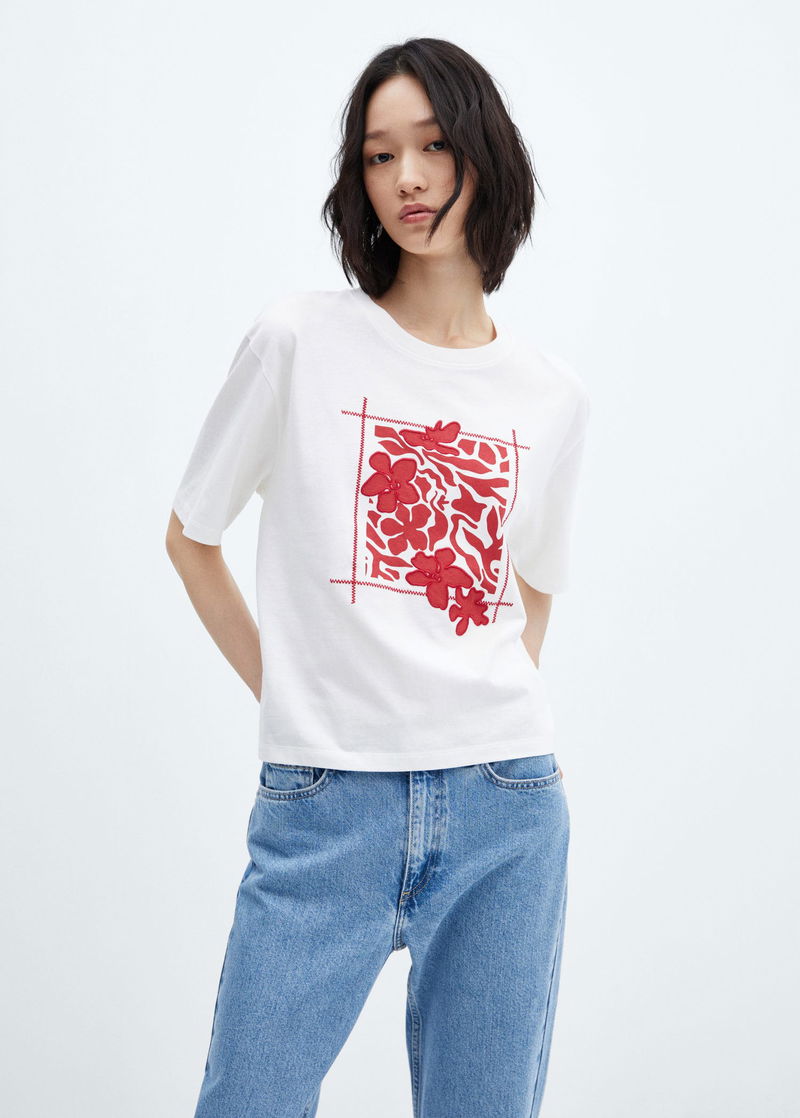 MANGO Embroidered Details Print T-Shirt in White | endource